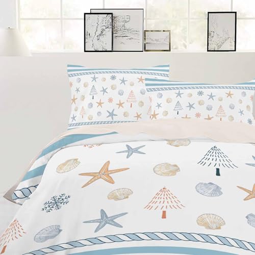 Lsrtoss Coastal Christmas Twin Duvet Cover Set for All Season, Xmas Tree Starfish Beach Blue Striped Microfiber 3 Piece Bedding Set with 2 Pillowcases & 1 Quilt Cover, 68" W x 86" L, Twin Size