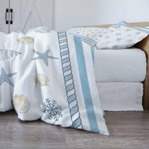 Lsrtoss Coastal Christmas Twin Duvet Cover Set for All Season, Xmas Tree Starfish Beach Blue Striped Microfiber 3 Piece Bedding Set with 2 Pillowcases & 1 Quilt Cover, 68" W x 86" L, Twin Size