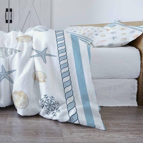 Lsrtoss Coastal Christmas Twin Duvet Cover Set for All Season, Xmas Tree Starfish Beach Blue Striped Microfiber 3 Piece Bedding Set with 2 Pillowcases & 1 Quilt Cover, 68" W x 86" L, Twin Size