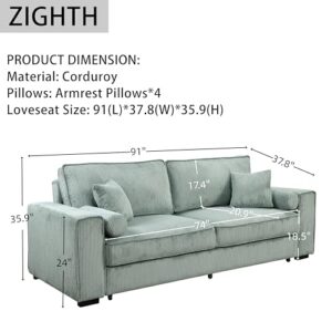 ZIGHTH 91-Inch Corduroy Queen Size Sleeper Sofa Bed with Storage, Convertible Sleeper Couch with Pull Out Bed and 4 Pillows, Hide a Bed Couches for Bedroom, Living Room, Small Places (Gray Green)