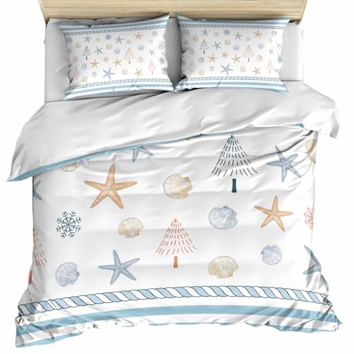 Lsrtoss Coastal Christmas Twin Duvet Cover Set for All Season, Xmas Tree Starfish Beach Blue Striped Microfiber 3 Piece Bedding Set with 2 Pillowcases & 1 Quilt Cover, 68" W x 86" L, Twin Size