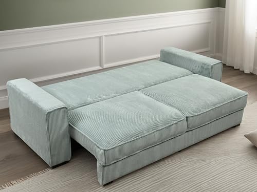 ZIGHTH 91-Inch Corduroy Queen Size Sleeper Sofa Bed with Storage, Convertible Sleeper Couch with Pull Out Bed and 4 Pillows, Hide a Bed Couches for Bedroom, Living Room, Small Places (Gray Green)