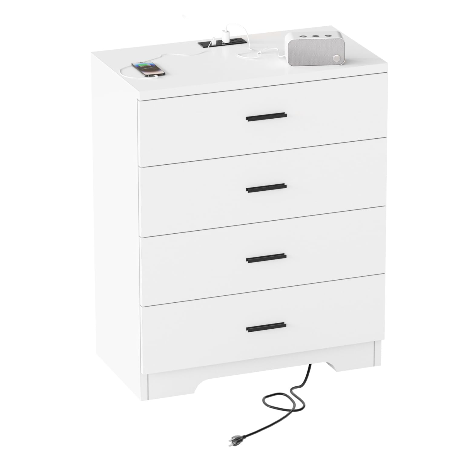 GEPELCN Dresser for Bedroom White Dresser with Power Outlets Wood 4 Drawer Dresser with Large Organizer Tall Chest of Drawers Closet Modern Dresser for Bedroom Living Room Kids Room Hallway