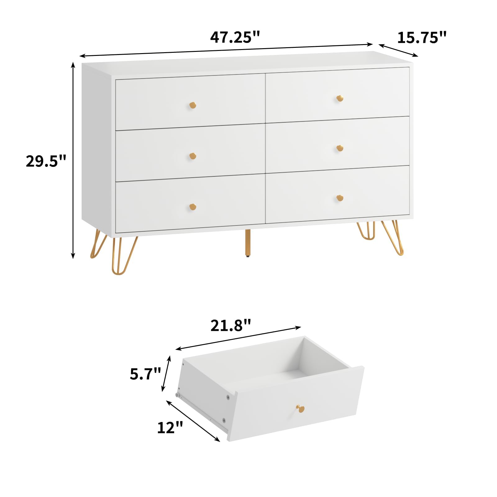 CARPETNAL White Dresser for Bedroom, 6 Drawer Dresser with Wide Drawers and Gold Metal Handles, Wood Dressers & Chest of Hallway, Nursery.