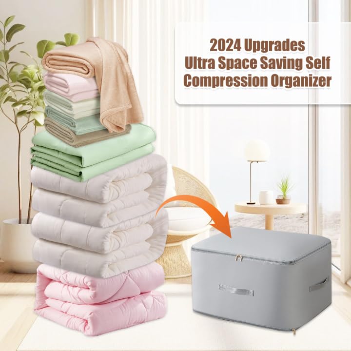 Ultra Space Saving Self Compression Organizer, 2024 New Space Saving Self Compression Organizer Space Bags, Premium Comforter Packaging Cube Bedding Storage Bag (Gray Blue, X-Large 21×17×24 inch)