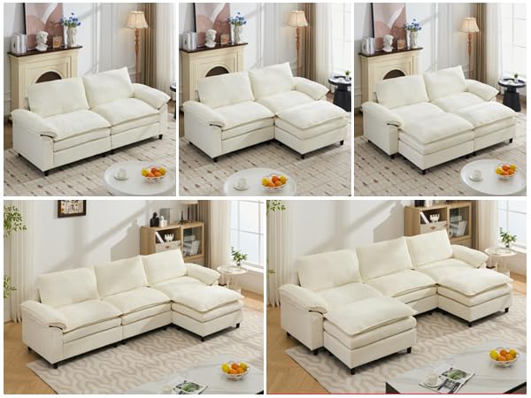 Aoowow Modular Sectional Sofa Modern Convertible U Shaped Couch,118.9 Inch Deep 3-Seater Sofas Set Comfy Chenille Cloud Sofas and Couches with Movable Ottoman for Living Room Apartment(Beige)