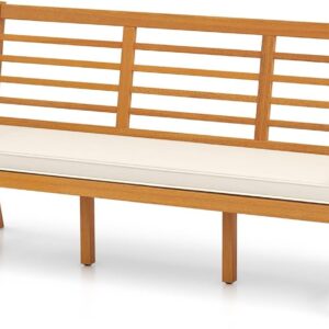 RELAX4LIFE 64’’ Outdoor Bench Acacia Wood - 3-Seat Patio Bench w/Slatted Backrest, Armrests & Seat Cushion, Extra Long Front Porch Bench for Park Poolside Yard, 1200LBS Capacity, 3-Person Garden Bench