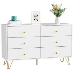 carpetnal white dresser for bedroom, 6 drawer dresser with wide drawers and gold metal handles, wood dressers & chest of hallway, nursery.