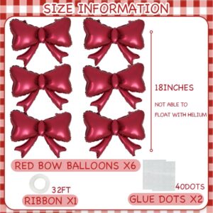 6 Pieces Bow Balloons, Red Matte Metallic Foil Bowtie Balloon, Big Burgundy Bow Balloons for Women Girls Birthday Party, Wedding Bridal Shower, Valentine's Day Party, Balloon Garland Accessories