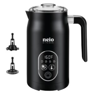 nelo electric milk frother, 4 in 1 digital milk frother and steamer with real-time temperature control, automatic frother for coffee, latte, hot chocolate, cappuccinos, bpa free stainless steel, black