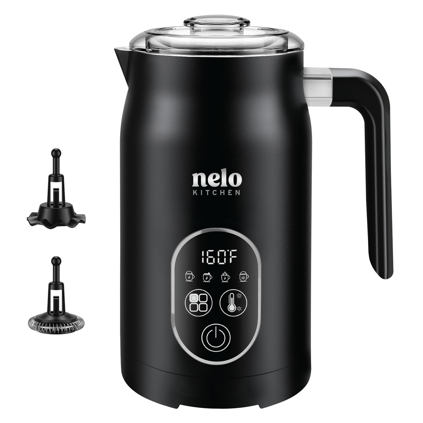 NELO Electric Milk Frother, 4 In 1 Digital Milk Frother and Steamer with Real-Time Temperature Control, Automatic Frother for Coffee, Latte, Hot Chocolate, Cappuccinos, BPA Free Stainless Steel, Black