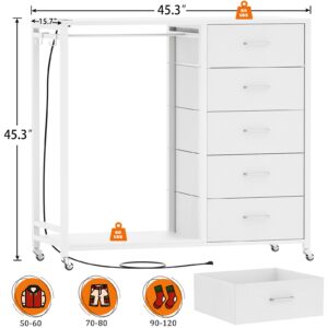 Girapow Dresser for Bedroom with Hanging Rack, White 5 Drawers Dresser with Power Outlets & LED Lights, 2-1 Storage Unit Dressers with Lockable Wheels, Wooden Top, Bedroom, Closet, Entryway, White