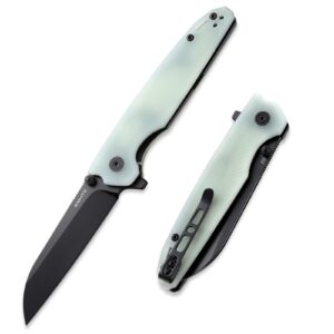 emhtiii d2 steel folding pocket knife with reversible clip: 3.14" black sheepsfoot blade, liner lock, g10 handle, small edc flipper knives camping tool for man & women, transparent green