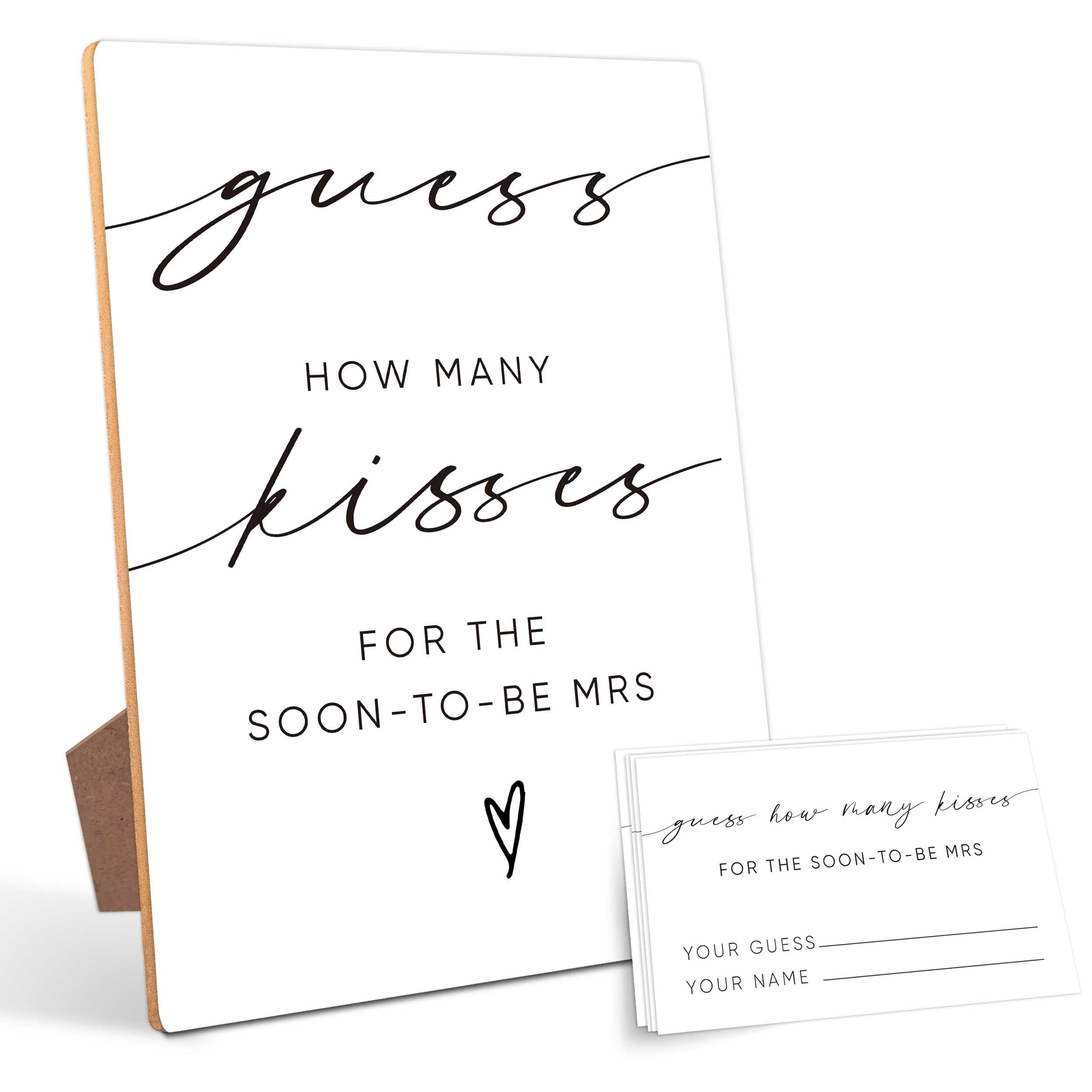 How Many Kisses Bridal Shower Game, Bridal Shower Games, Bridal Shower Decorations, Bridal Party Decorations, Bachelorette Party Games,1 Wooden Play Sign with Stand and 50 Guessing Cards Set