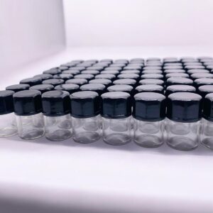 [144 Pack] 1.5 ml Glass Vials, High Grade Borosilicate Glass Empty Vials with Caps, Small Liquid Sample Clear Vial, Black Closed Top Screw Caps with PE Liner (0.4 Dram)