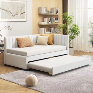 uocfyk full upholstered daybed with trundle and safety fence,sofa bed frame w/put out sofa bed design for guest room, bedroom,no box spring needed, beige