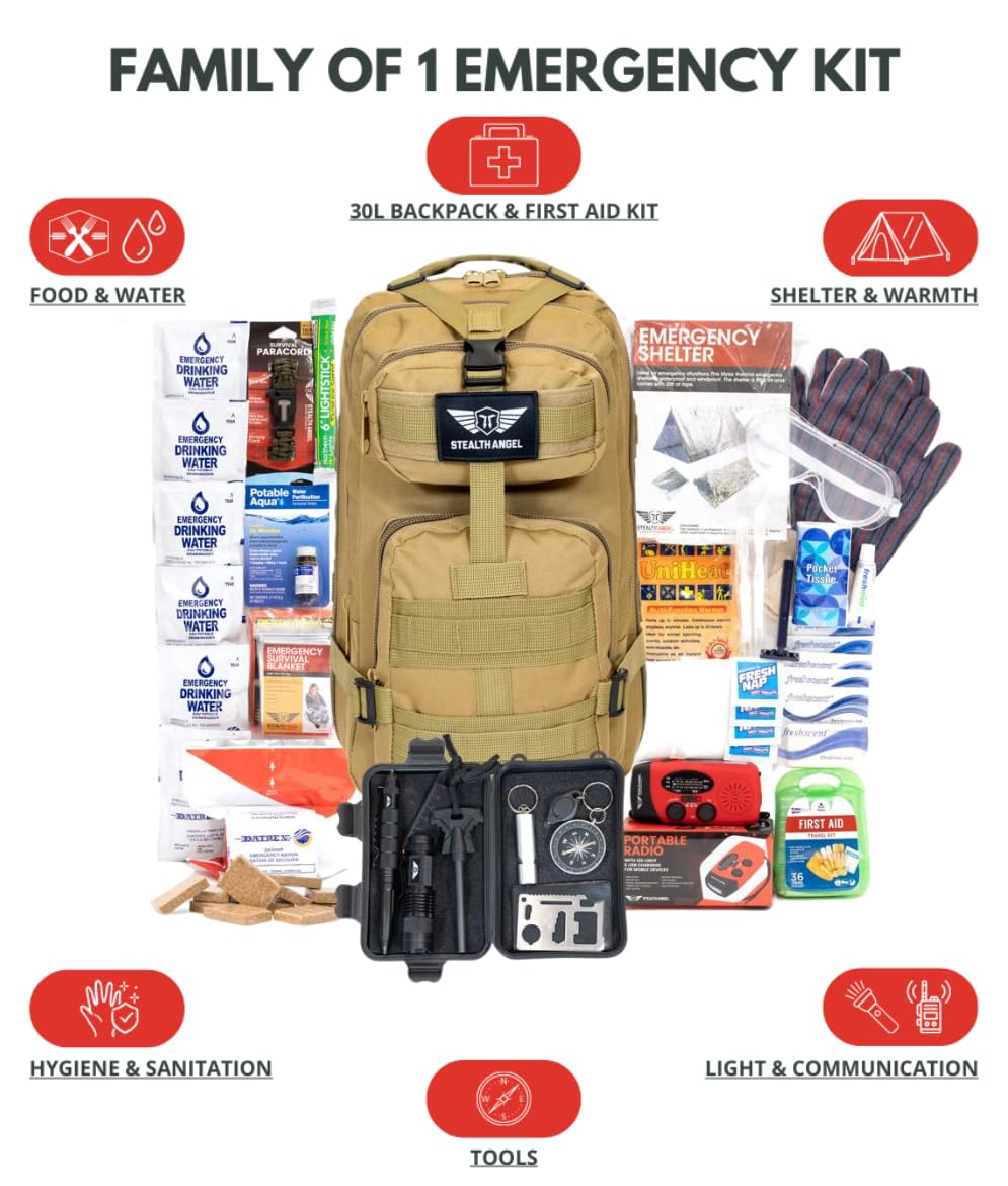 Stealth Angel 1 Person Tan 72 Hour Emergency Kit - Survival Bag for Earthquakes, Hurricanes, and Other Natural Disasters