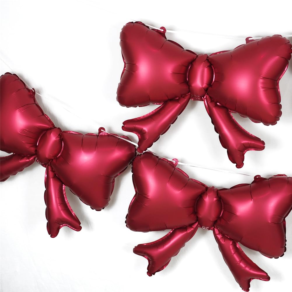 6 Pieces Bow Balloons, Red Matte Metallic Foil Bowtie Balloon, Big Burgundy Bow Balloons for Women Girls Birthday Party, Wedding Bridal Shower, Valentine's Day Party, Balloon Garland Accessories