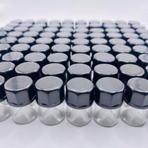 [144 Pack] 1.5 ml Glass Vials, High Grade Borosilicate Glass Empty Vials with Caps, Small Liquid Sample Clear Vial, Black Closed Top Screw Caps with PE Liner (0.4 Dram)