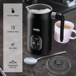 NELO Electric Milk Frother, 4 In 1 Digital Milk Frother and Steamer with Real-Time Temperature Control, Automatic Frother for Coffee, Latte, Hot Chocolate, Cappuccinos, BPA Free Stainless Steel, Black