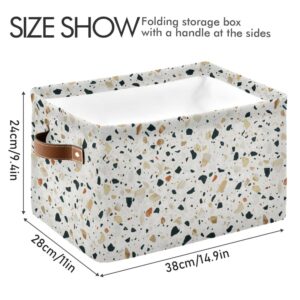 xigua Terrazzo Storage Basket Foldable Storage Bin, Canvas Rectangular Storage Basket with Leather Handles for Home Closet & Office Decoration