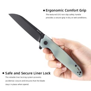 EMHTiii D2 Steel Folding Pocket Knife with Reversible Clip: 3.14" Black Sheepsfoot Blade, Liner Lock, G10 Handle, Small EDC Flipper Knives Camping Tool for Man & Women, Transparent Green