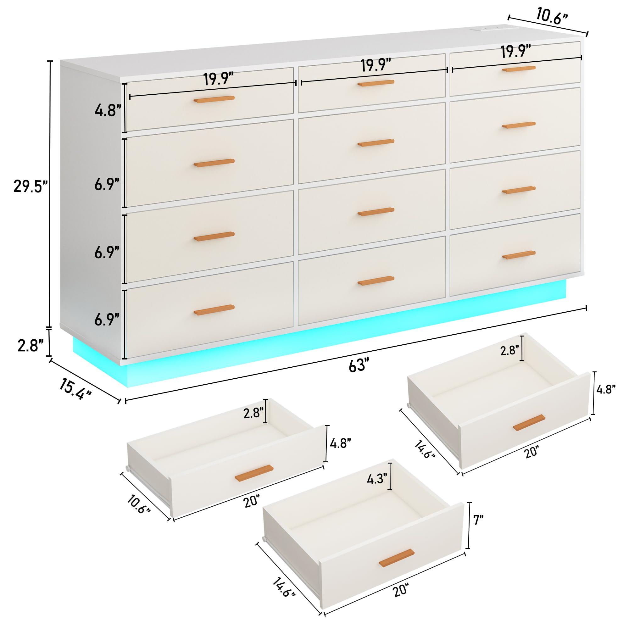 White 12 Drawers Dresser w/Power Outlet,60000-Colors Lights,63In Long Dresser Chest for Bedroom,Wooden Tall Large Capacity Clothing Storage Cabinet for Living Room(White,12 Drawers Dresser)