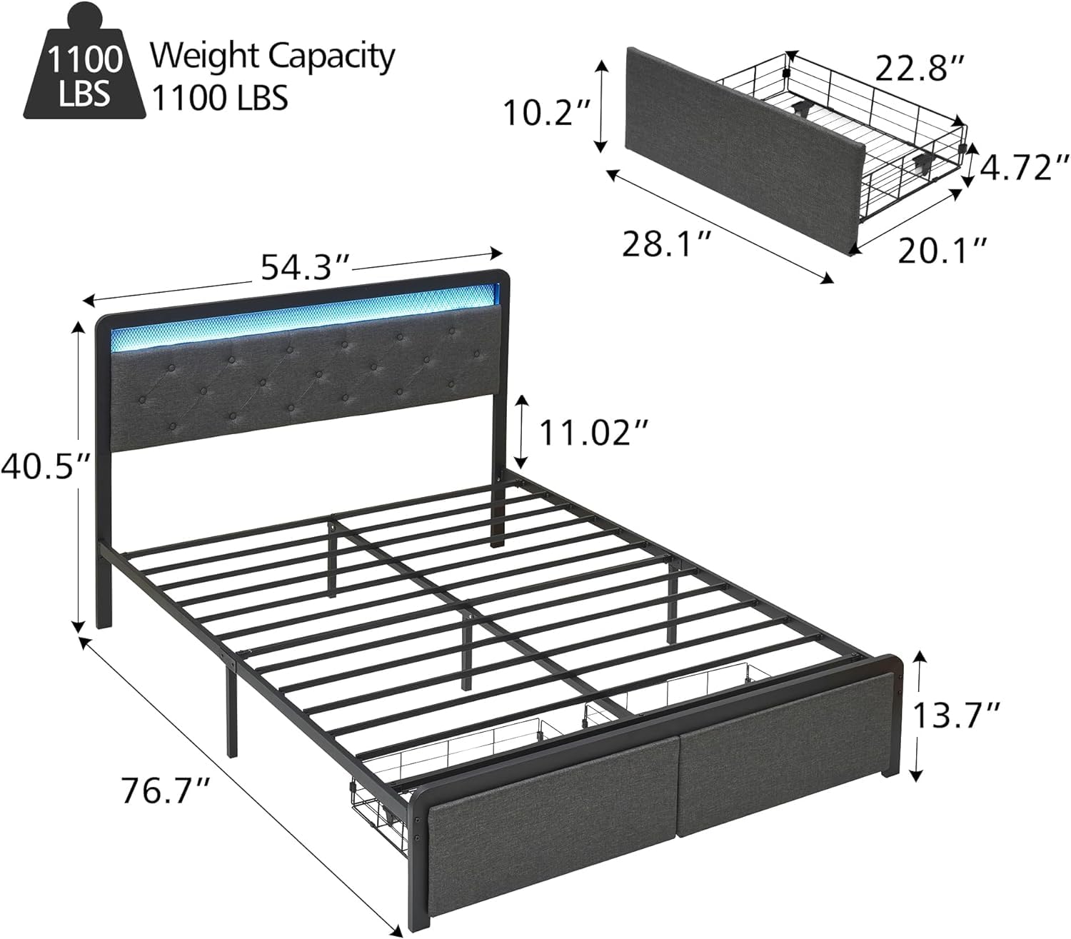 IDEALHOUSE Queen Bed Frame with 2 Storage Drawers, LED Lights Upholstered Platform Bed with Heavy Duty Metal Slats, No Box Spring Needed, Noise Free, Easy Assembly