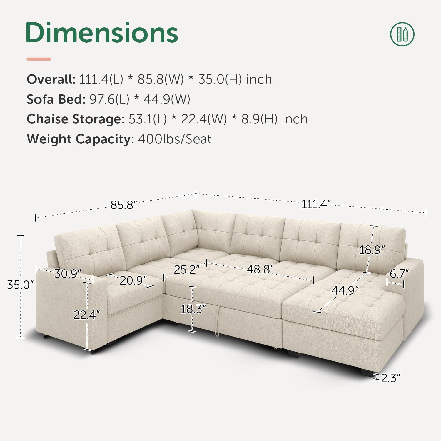 HONBAY Sleeper Sectional Sofa with Pull Out Bed, U Shaped Sectional Sleeper Couch with Storage Chaise, Convertible Sectional Sleeper Sofa Bed, Beige