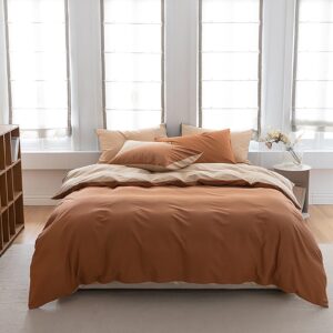 4pcs 100% washed cotton duvet cover set 800 thread，solid color modern style quilt cover，reversible quilt cover full size for all seasons,soft comforter bedding cover(orange,queen)