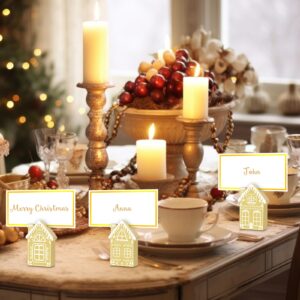 Fullhawl 24 Pcs Christmas Gingerbread House Place Card Holders with 35 Pcs Name Cards Ginger Yellow Wooden Rustic Christmas Wooden Christmas Decoration for Christmas Dinner Table Xmas Party Favors