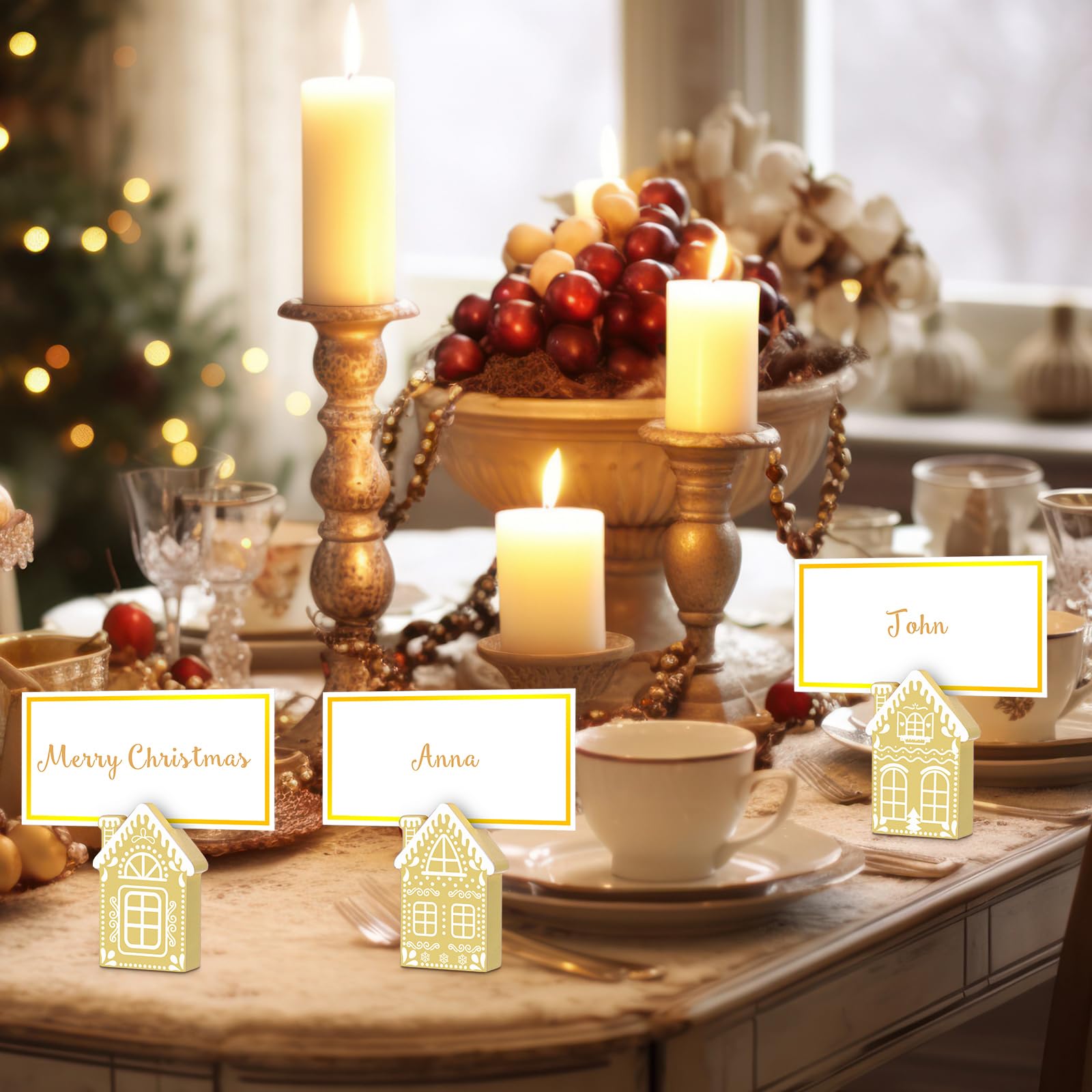 Fullhawl 24 Pcs Christmas Gingerbread House Place Card Holders with 35 Pcs Name Cards Ginger Yellow Wooden Rustic Christmas Wooden Christmas Decoration for Christmas Dinner Table Xmas Party Favors