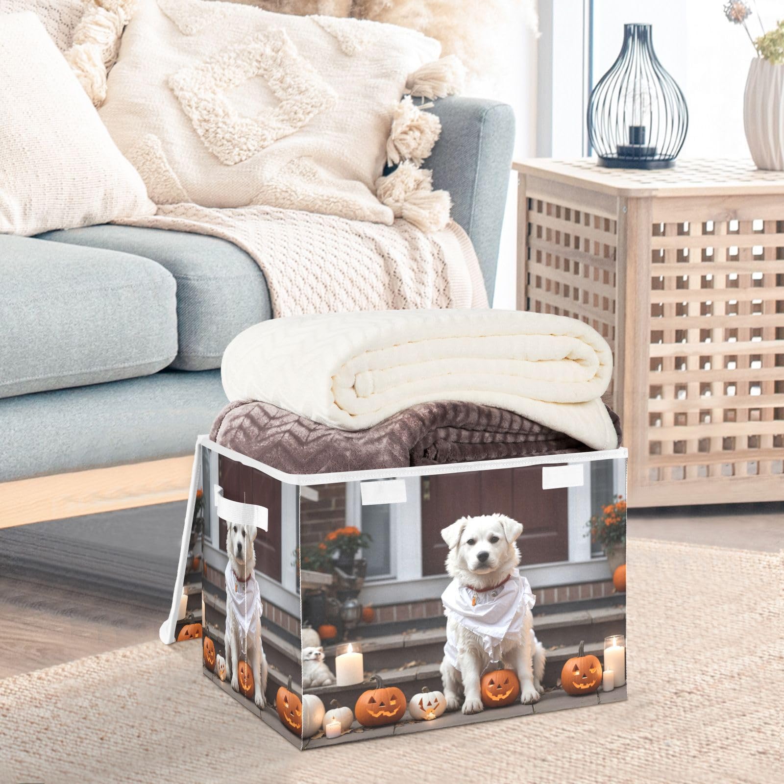 YMGQYJ Halloween Dog Storage Cube with Lid Collapsible Large Capacity Foldable Storage Basket Bin Organizer 16.5×12.6×11.8 inches