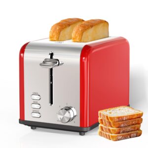 simple deluxe 2-slice toaster, stainless steel toaster, 6 browning setting and 3 function, extra wide slot & removable crumb tray, for bread & waffle, red