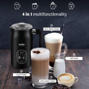 NELO Electric Milk Frother, 4 In 1 Digital Milk Frother and Steamer with Real-Time Temperature Control, Automatic Frother for Coffee, Latte, Hot Chocolate, Cappuccinos, BPA Free Stainless Steel, Black