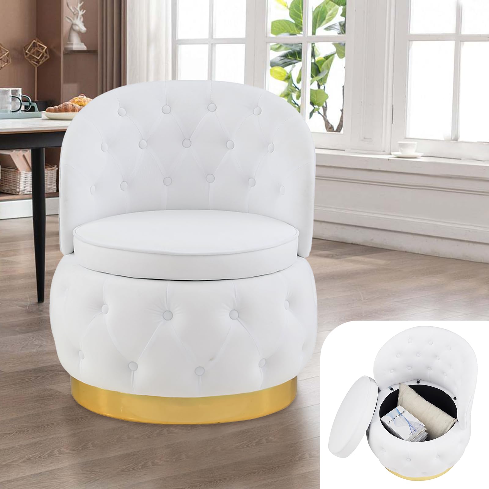 Accent Chair Barrel Chair with Storage Function Round Armchair Small Accent Chair Comfy Tufted Button Cushion for Living Room Bedroom Office (White)