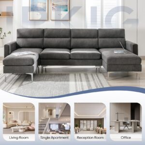 IPKIG 110" U-Shaped Sectional Sofa Couch, Linen Fabric Convertible L-Shaped Couch 4 Seater Sofa Set with Chaise Lounge, Ottoman and Side Pockets for Living Room Home Office (Linen, Dark Grey)