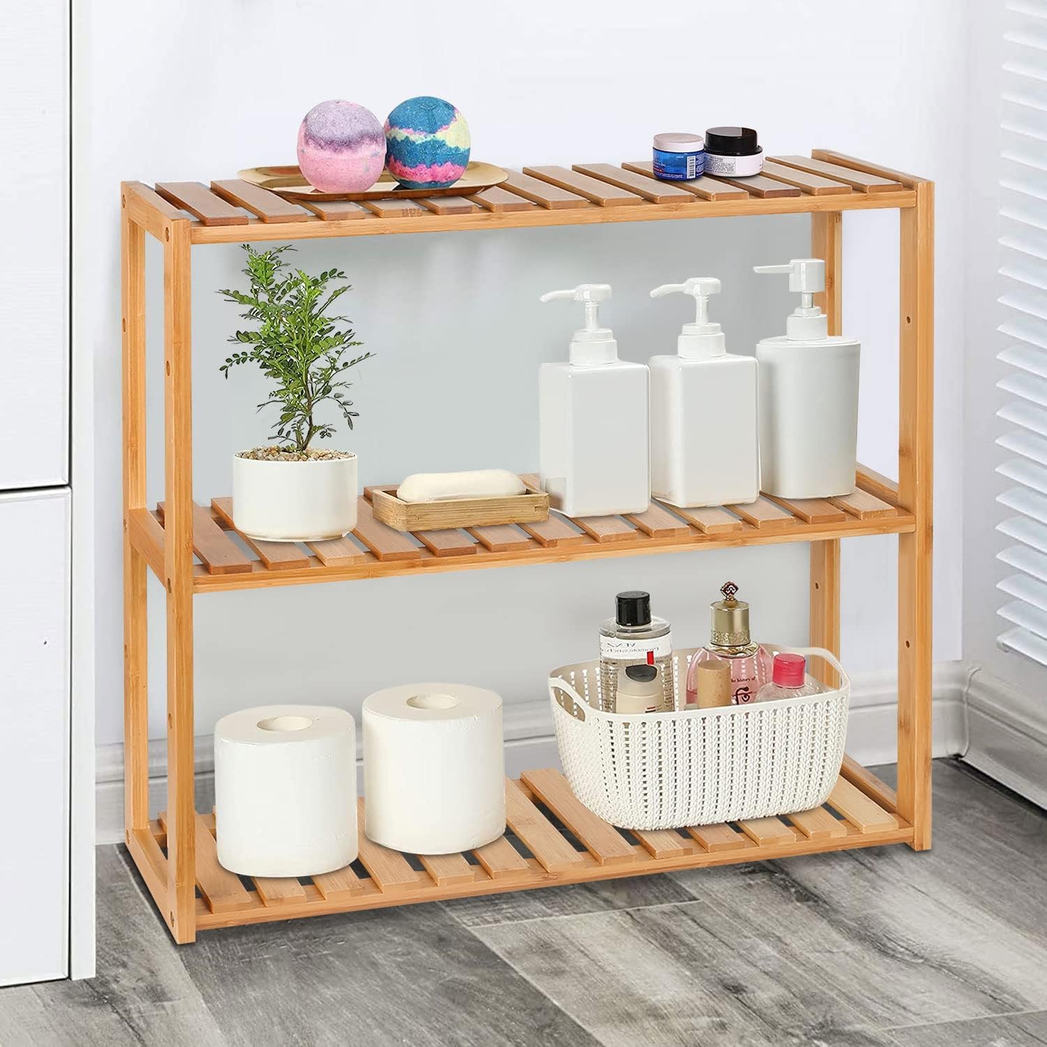 PayLessHere Bamboo Shelf 3-Tier Storage Shelves Stand Adjustable Layer Rack with Adjustable Position for Home Bathroom Kitchen Storage Shelf Rack Bathroom Towel Shelf, Natural