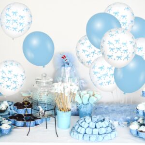 JarThenaAMCS 30Pcs Party Decoration Blue Bow Latex Balloon 12 in Blue White Bowknot Party Balloon Cute Bowtie Printed Clear Balloon for Birthday Bachelorette Bridal Party Decor