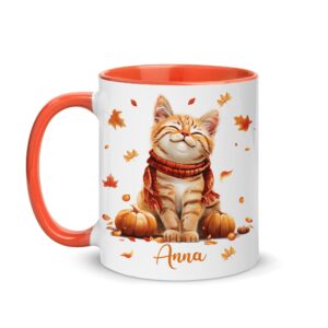 hyturtle personalized fall cat mug - cat gifts for women - autumn cat gift for cat lovers - fall gift - fall autumn decor gift - cat gifts - pet gifts - custom name coffee cup ceramic mug 11oz - 15oz