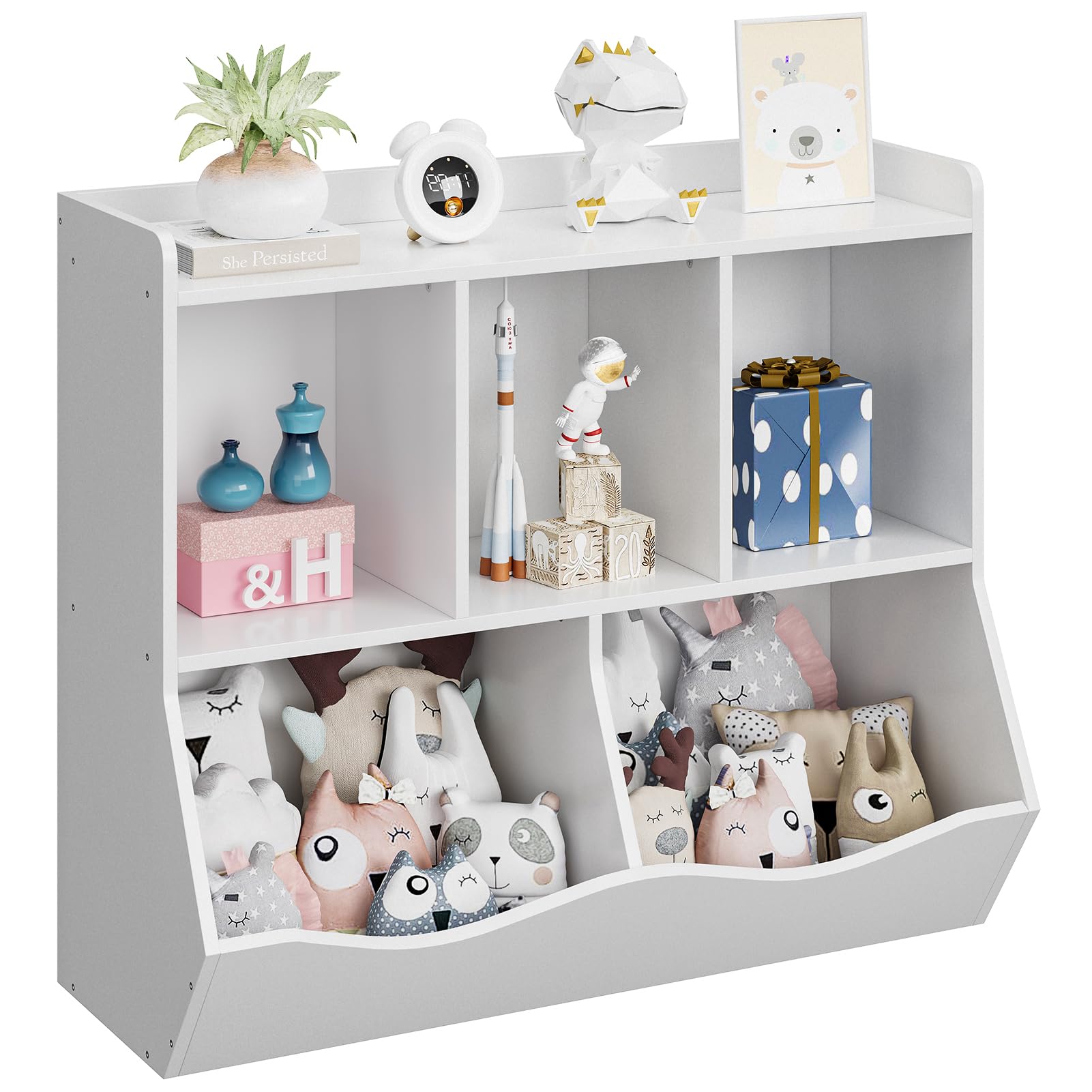 ELETHEBIA White Toy Bookcase & Bookshelf, Stylish Multi-Shelf Storage Organizer Cabinet with Cubby Spaces for Books and Toys, for Bedroom, Playroom and Hallway