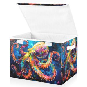 YMGQYJ Oil Painting Animal Storage Cube with Lid Collapsible, Large Capacity Foldable Storage Basket Bin Organizer 16.5×12.6×11.8 inches