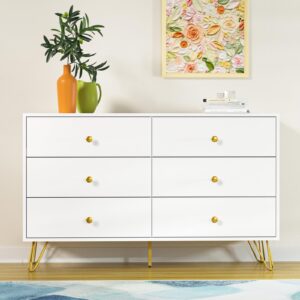 CARPETNAL White Dresser for Bedroom, 6 Drawer Dresser with Wide Drawers and Gold Metal Handles, Wood Dressers & Chest of Hallway, Nursery.