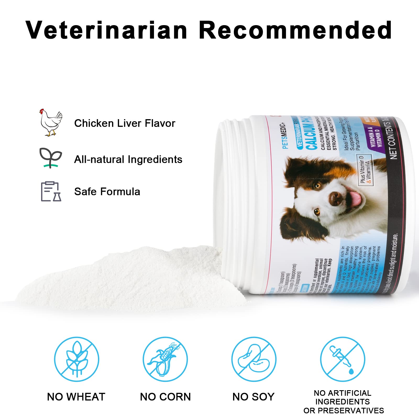 16 OZ Dog Calcium Supplement with Phosphorus & Vitamin D, Calcium Powder for Dogs Promotes Optimal Bone Development for Puppies Aged 8 Weeks and Up, No Color