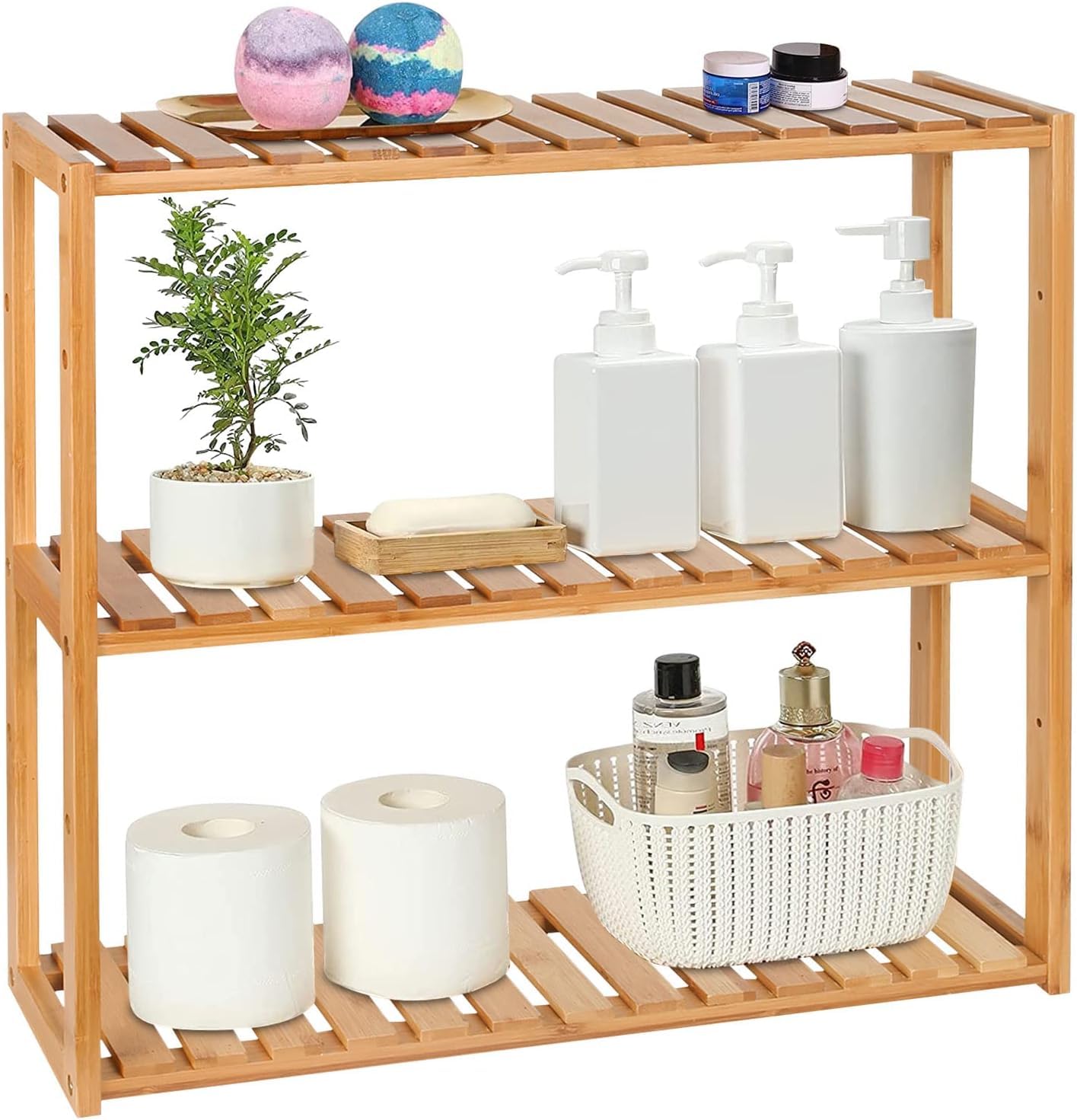 PayLessHere Bamboo Shelf 3-Tier Storage Shelves Stand Adjustable Layer Rack with Adjustable Position for Home Bathroom Kitchen Storage Shelf Rack Bathroom Towel Shelf, Natural