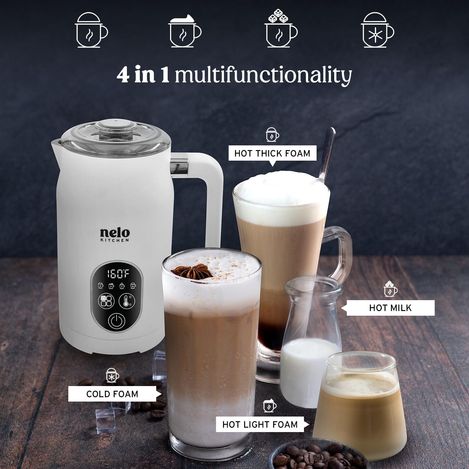 NELO Electric Milk Frother, 4 In 1 Digital Milk Frother and Steamer with Real-Time Temperature Control, Automatic Frother for Coffee, Latte, Hot Chocolate, Cappuccinos, BPA Free Stainless Steel, White