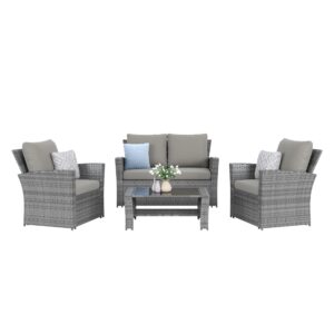 amopatio 4 pieces outdoor patio furniture set,wicker sectional sofa outdoor patio set outdoor rattan patio furniture, patio conversation sets with cushion, grey