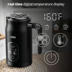 NELO Electric Milk Frother, 4 In 1 Digital Milk Frother and Steamer with Real-Time Temperature Control, Automatic Frother for Coffee, Latte, Hot Chocolate, Cappuccinos, BPA Free Stainless Steel, Black