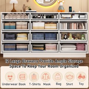 White 12 Drawers Dresser w/Power Outlet,60000-Colors Lights,63In Long Dresser Chest for Bedroom,Wooden Tall Large Capacity Clothing Storage Cabinet for Living Room(White,12 Drawers Dresser)