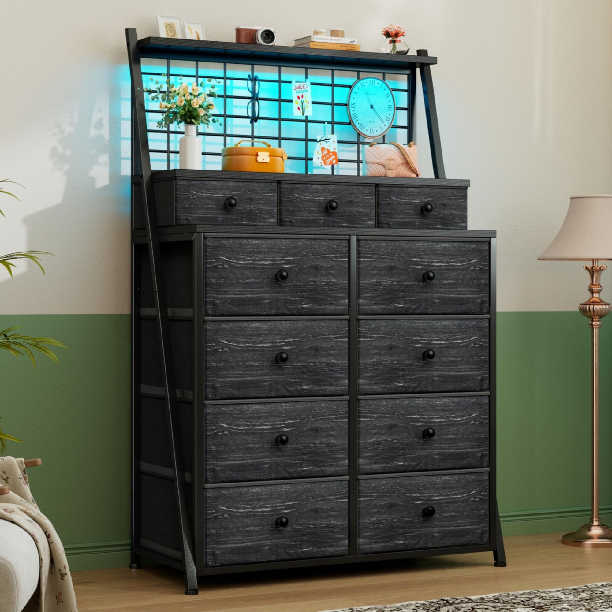 EnHomee 51"H,Dresser for Bedroom with 11 Fabric Drawers,Tall Dresser with LED Lights,Black Dressers & Chests of Drawers for Bedroom,Drawers for Bedroom,Living Room,Closet,Wooden Top,Steel Frame,Black